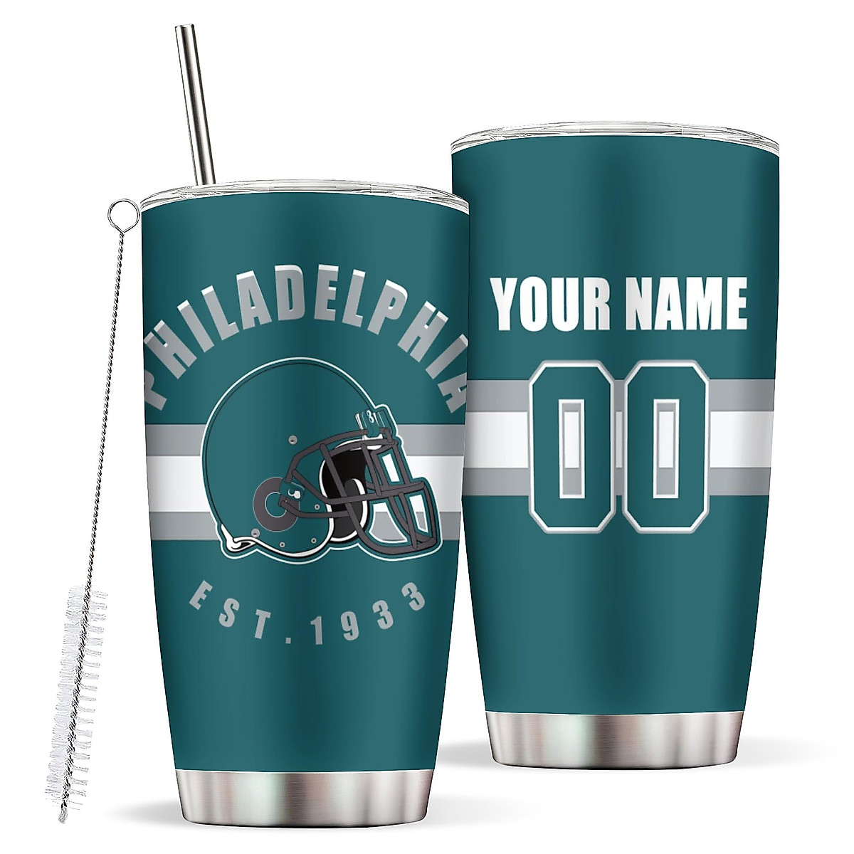 Custom Philadelphia Tumbler 20oz Stainless Steel with Lid & Straw Personalized Football Fans Gifts for Women Men Coffee Travel Mug Cup Add Name Number