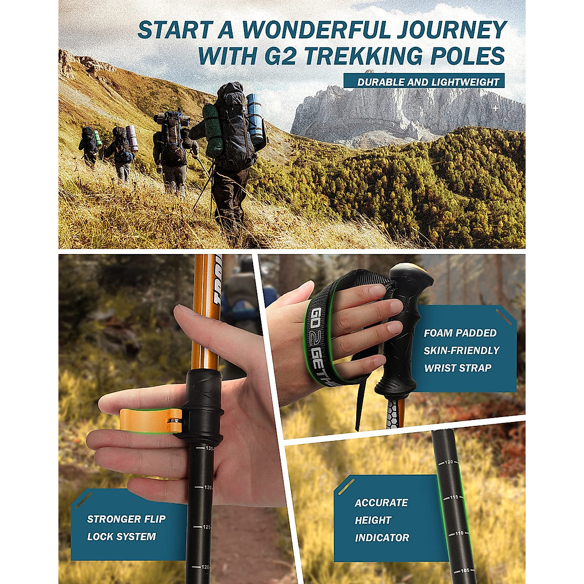 G2 Trekking Hiking Poles Telescopic/Aluminum Alloy/Comfort BMM Handle/Auto-Adjustable Strap/Quick Flip Lock/Snow Baskets Attached (Pack of 2 Poles), Orange