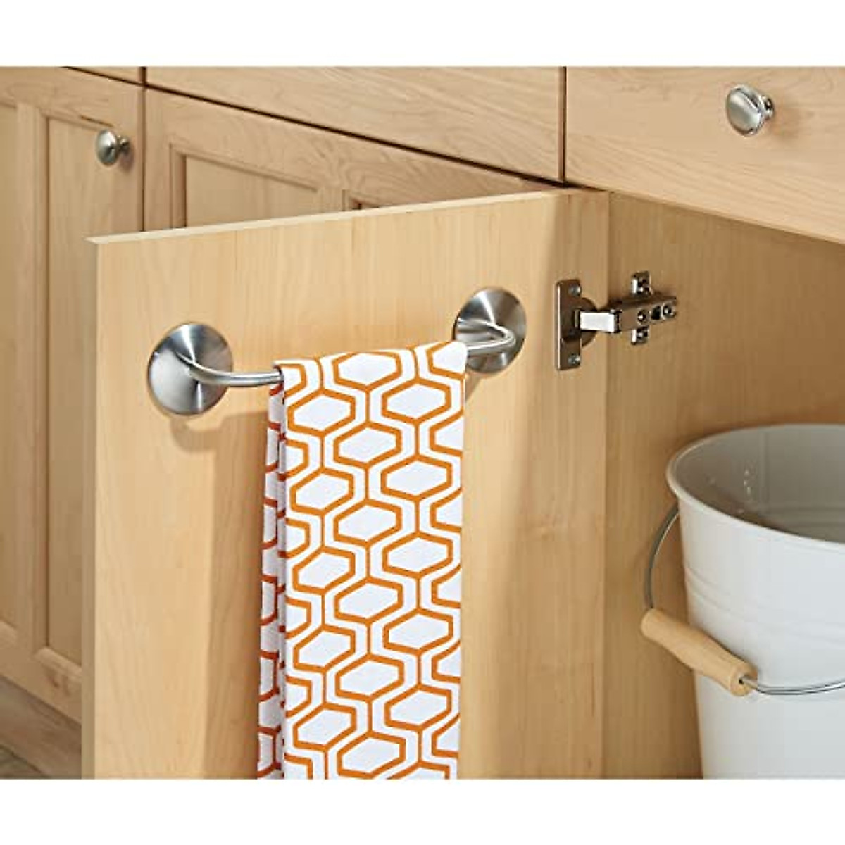 mDesign Decorative Metal Small Towel Bar - Strong Self Adhesive - Storage and Display Rack for Hand, Dish, and Tea Towels - Stick to Wall, Cabinet, Door, Mirror in Kitchen, Bathroom - 2 Pack - Brushed