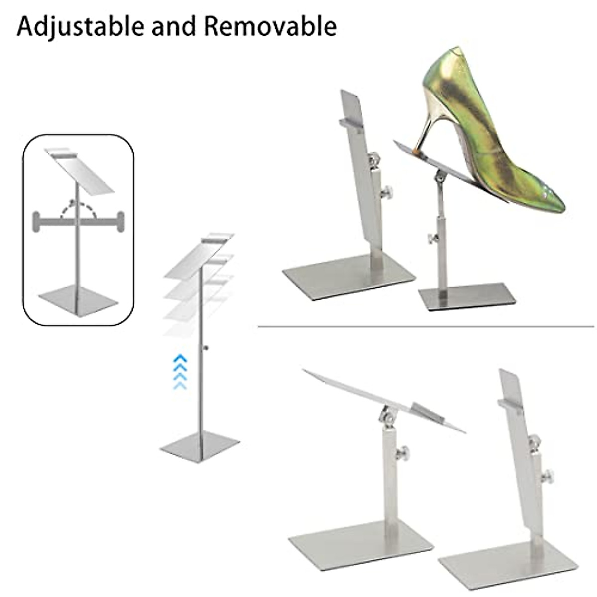 VIDAYA Silver Shoe Display Stand, Stainless Steel Shoe Display Risers Stand Countertop Adjustable Retail Supplies, Shoe Rack Set of 2