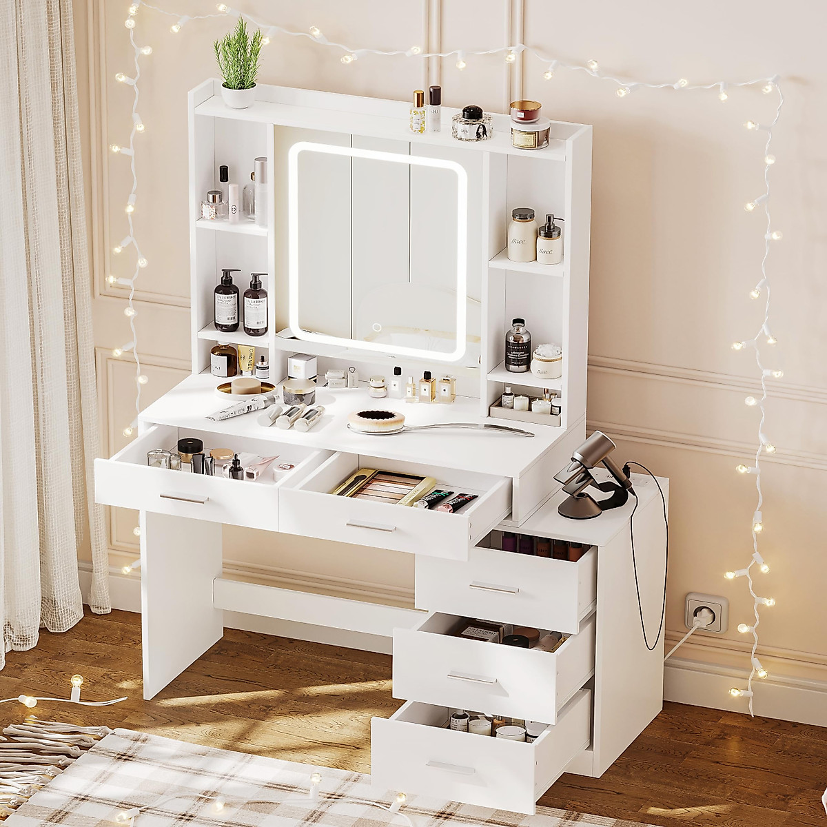 Rovaurx Vanity Table with Jewelry Organizer, Makeup Vanity with Mirror and 3-Color Lights, Vanity Desk with Charging Station, Bedroom Dressing Table, 5 Drawers and Side Cabinet, White RSZT110W