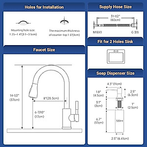 DAYONE Champagne Gold Kitchen Faucet with Soap Dispenser, Brushed Gold Kitchen Sink Faucet with Pull Down Sprayer 3 Modes, Gold Stainless Steel Faucet for 2 Holes Kitchen Sink, DAY-CR0016