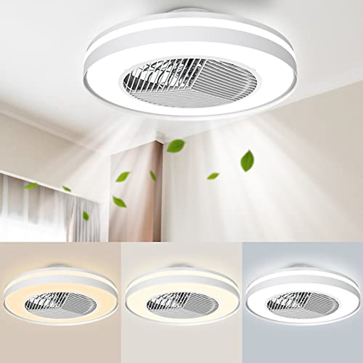 Ceiling Fan with Lights Remote Control,Dimmable Fan Lighting, 20'' Enclosed Bladeless Fan, Semi Flush Mount,2.4GHz Wi-Fi Bluetooth & App Controlled Works with Alexa and Google Assistant (Matte White)