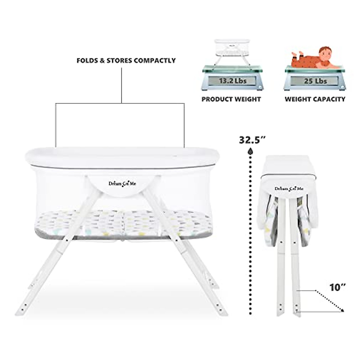 Dream On Me Poppy Traveler Portable Bassinet in White and Grey, Lightweight, Spacious and Convenient Mesh Design, JPMA Certified, Easy to Clean and Fold Baby Bassinet - Carry Bag Included