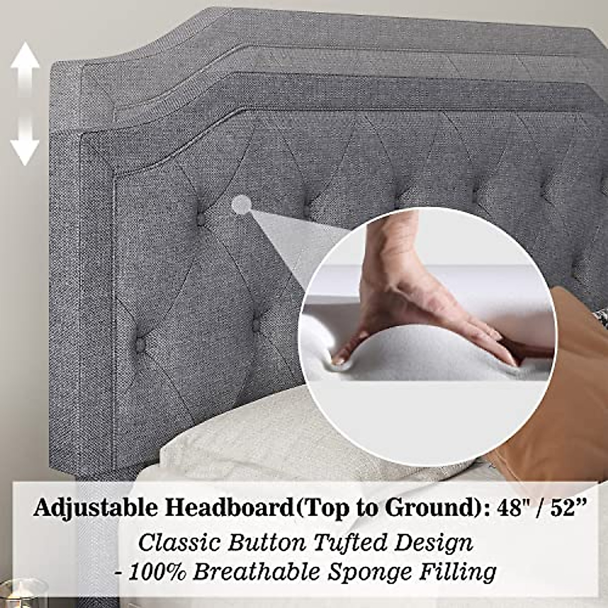 Allewie Upholstered Queen Size Platform Bed Frame with Adjustable and Curved Corner Design Headboard, Easy Assembly, No Box Spring Required, Light Grey