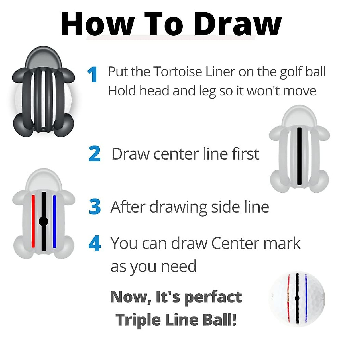 Tortoise Liner Golf Ball Line Marker Drawing Triple 3 Line Alignment Tool - Golf Ball Marking Stencils, 3 Color Markers, Triple Putter Sticker