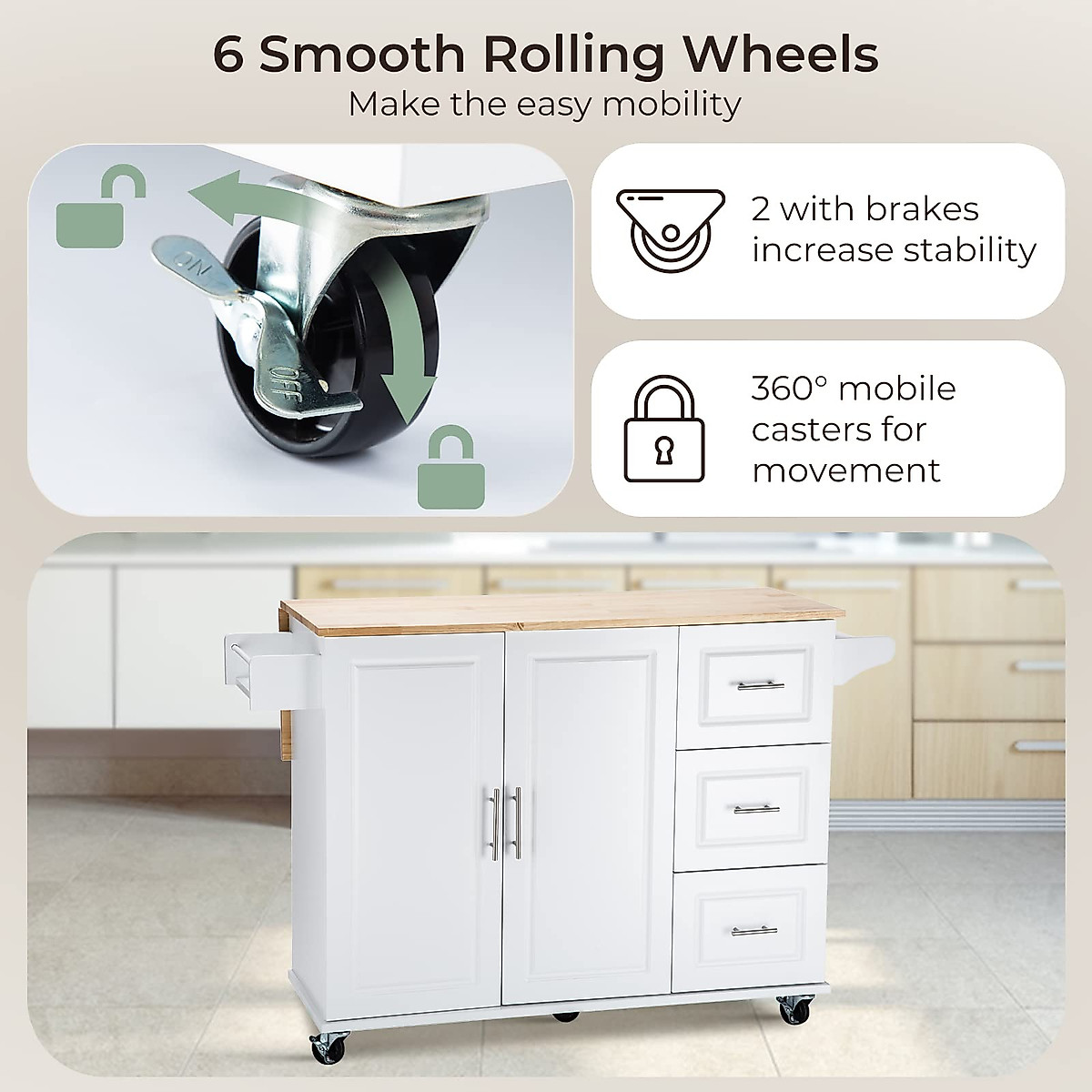 Unovivy Large Kitchen Island Cart with Drop Leaf, Kitchen Island with Storage, Rolling Kitchen Island with Adjustable Shelf Inside Cabinet, 3 Drawers, Spice Rack, Towel Rack and Wood Table Top(White)