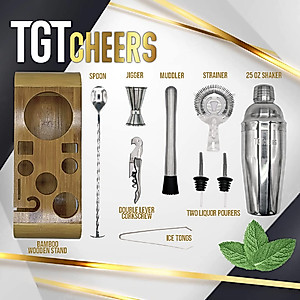 TGT CHEERS Cocktail Shaker Set with Stylish Bamboo Stand 11-pcs | Home Mixology Bartender Kit Gift Box | Cocktail Making Barware tool Set Mixer 25 oz Coctelera Perfect for Home Christmas Gift for him