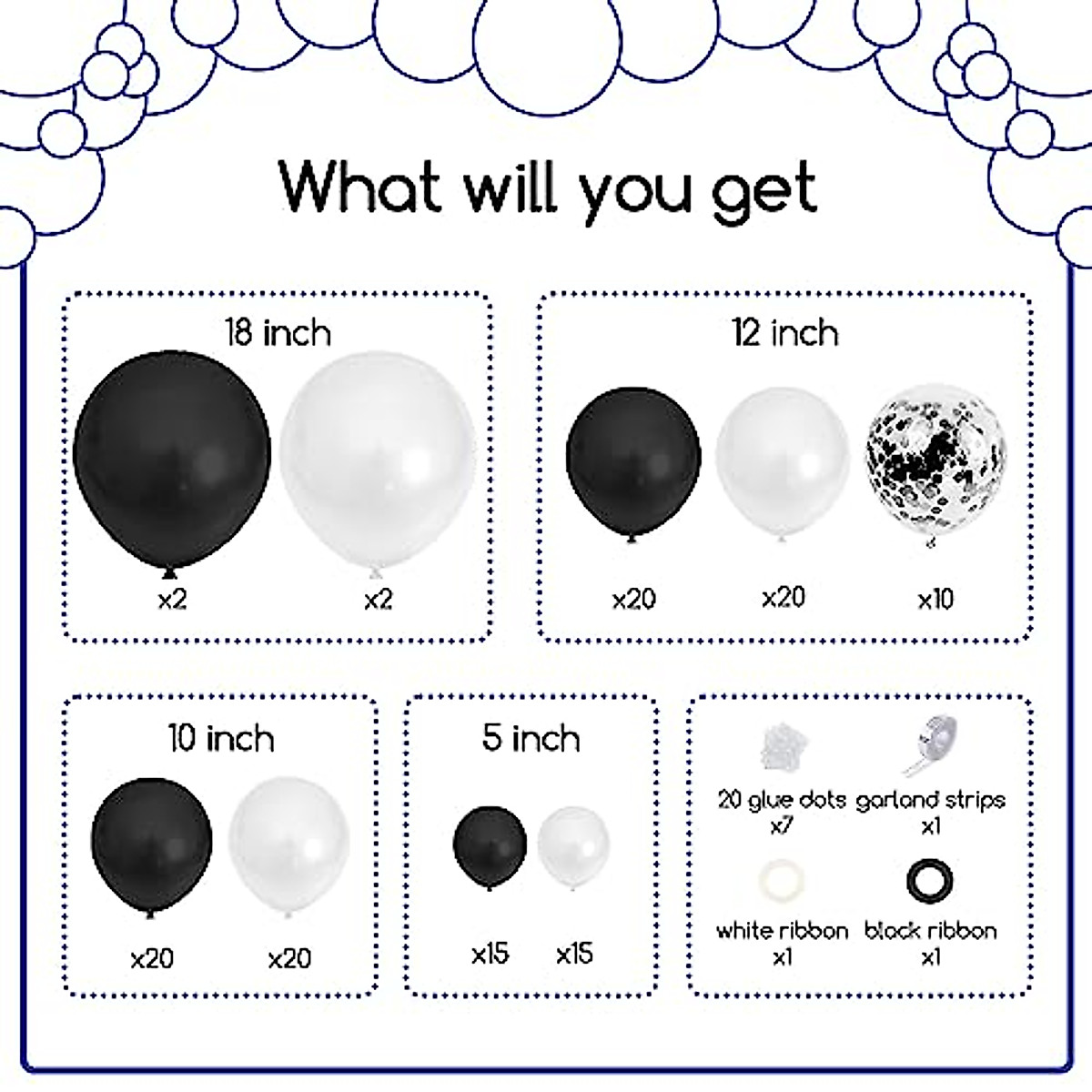 COKAOBE Black and White Balloon Garland Arch Kit, 124pcs White Black Confetti Latex Balloons for Baby Shower Birthday Graduation Wedding Engagements Anniversary Celebrations Party Decorations