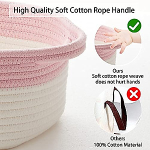 OIAHOMY Cotton Rope Storage Basket, Set of 5 Woven Baskets for Organizing with Handles, Decorative Basket for Baby Nursery, Dog Cat Toy Baskets - Pink & White