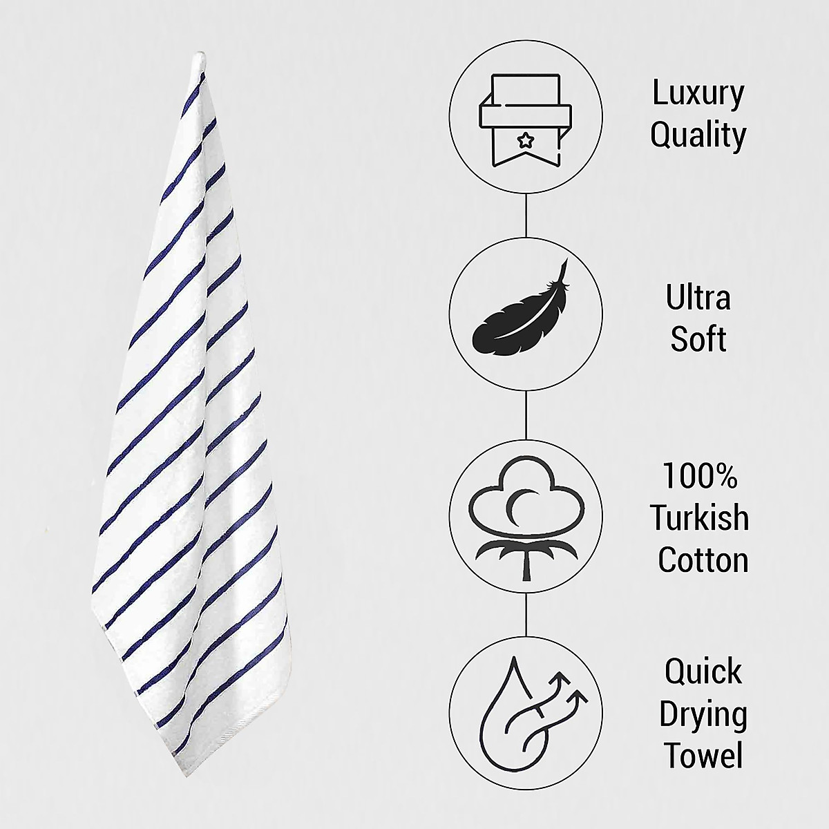 GT Globaltex Fine Linens 100% Turkish Cotton Premium Pool and Beach Towel Highly Absorbent Quick Dry Blue Striped 32" x 64" 500 GSM (1 Piece)