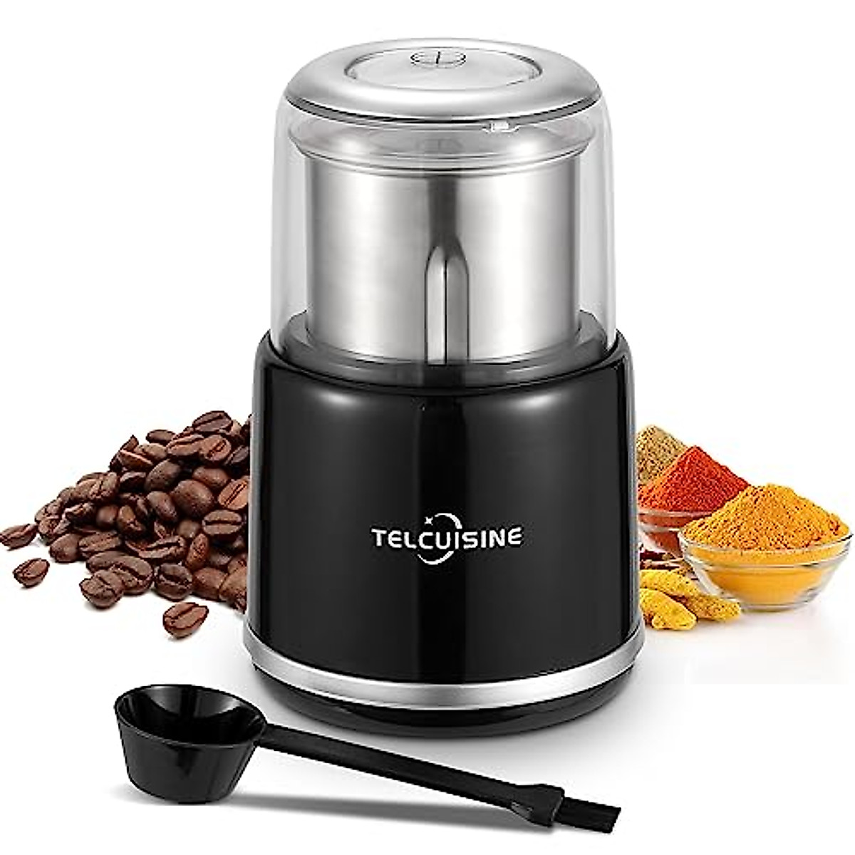 Telcuisine Coffee Bean Grinder, 200ml Small Coffee Grinder Electric Espresso Grinder with 304 Stainless Steel Blades for Beans, Nuts, Herbs, Grain and Salt, Spice Grinder with Cleaning Brush, 200W