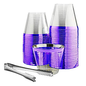 100 Purple Rimmed Plastic Cups and 1 Silver Ice Tong Set - 9 Ounce Disposable Wine Glasses - Plastic Cocktail Cups - Fancy Clear Plastic Cups - Purple Party Decorations - Mermaid Party Supplies