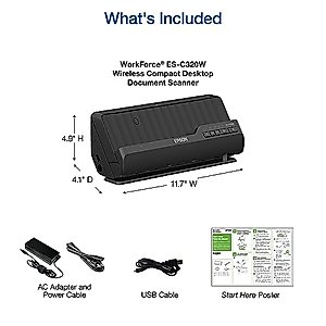 Epson - Workforce ES-C320W - Wireless Compact Desktop Document Scanner - 2-Sided Scanning and Auto Document Feeder - Paper and Card Scanner - Black