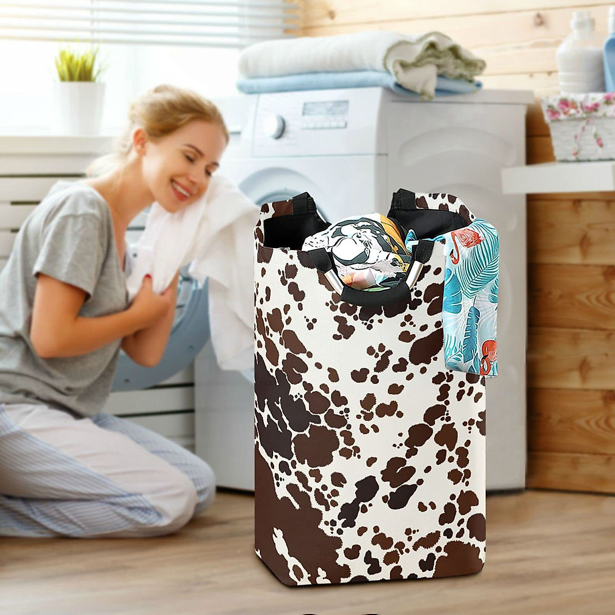 Kigai Cow Print Laundry Basket Foldable Large Laundry Hamper Bucket with Handles Collapsible Nursery Storage Bin for Kids Clothes Toy