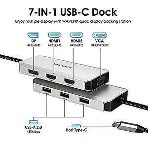 USB C to Dual HDMI Adapter 4K 60hz, 7 in 1 USB C Docking Station with 2 HDMI Displayport VGA Hub, USB C Splitter 4 Monitors Extended Display, USB C Adapter Multiport Dongle for MacBook/Dell/HP/Lenovo