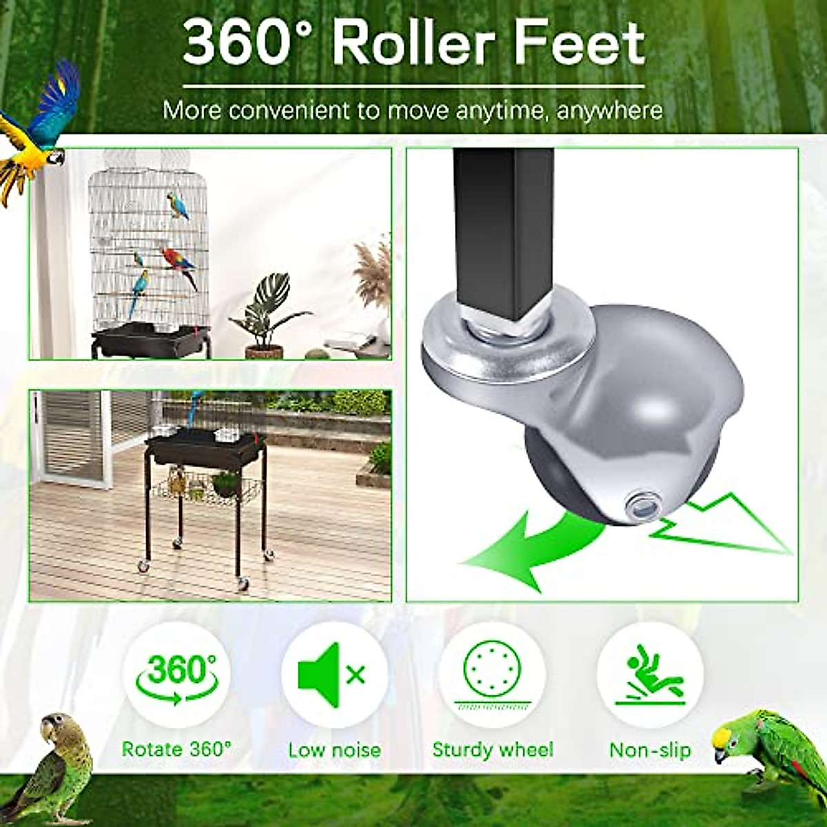 Jehiatek 59 Inch Bird Cage with Rolling Stand, Parakeets Cage with Open Top Roof, Tall Bird Cage Metal Bird Cage for Medium Small Cockatiel Canary Conure Finches, Black, Easy to Install