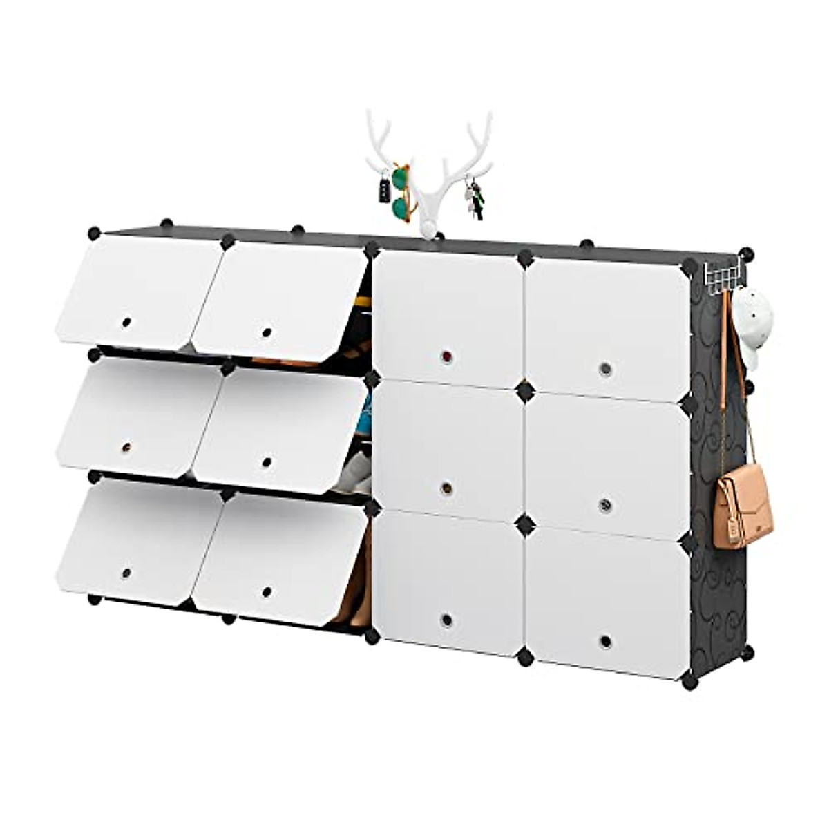 Aeitc Shoe Rack Organizer DIY Shoe Organizer with Key Hook Expandable Shoe Storage Cabinet Stackable Space Saver Shoe Rack for Entryway, Hallway and Closet,48 Pair,white doors
