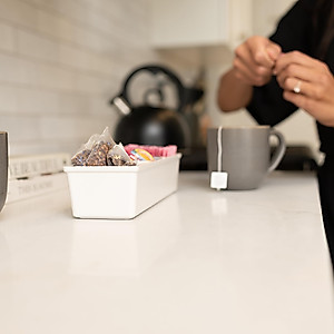 Modern Tea Bag Organizer - Small Bamboo Eco-Friendly Countertop Tea Organizer for Tea Bags - Tea Box Organizer for Hot Tea Storage, Teabag Caddy, Drink Packet Organizer, Kcup Coffee Pod Holder (White)