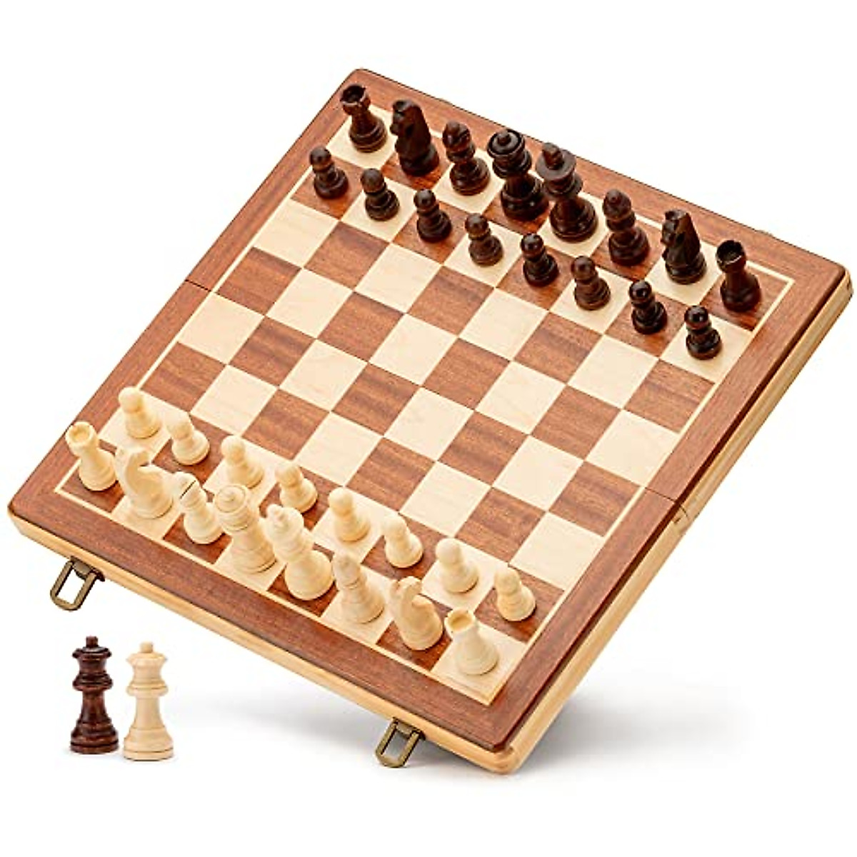 A&A 15 inch Foldable Wooden Magnetic Chess Set w/ 3 inch King Height Staunton Chess Pieces - Pine Box w/Mahogany & Maple Inlay