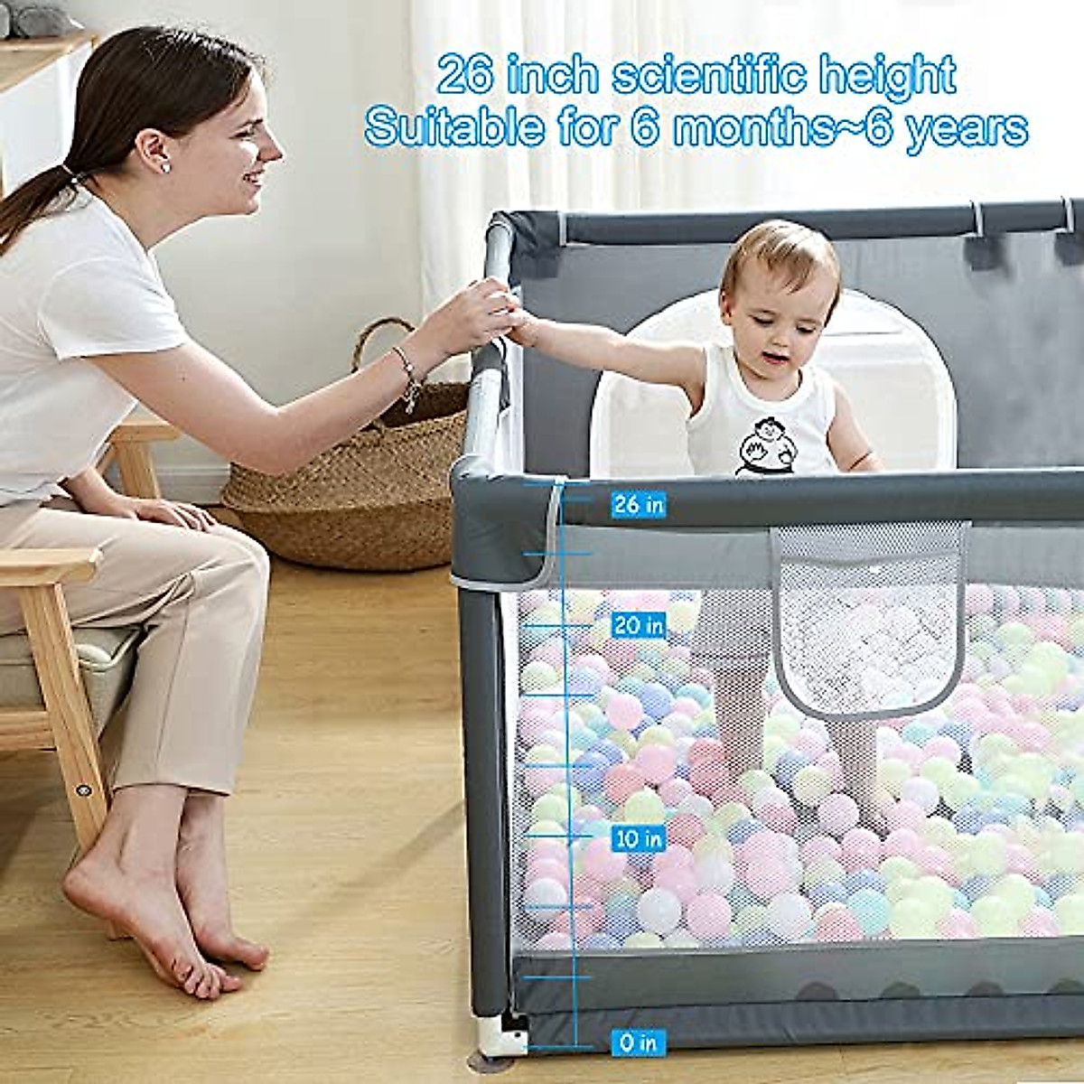 Baby Playpen, 78" x 62" x 26" Playpen for Babies and Toddlers, Indoor & Outdoor Kids Activity Center, Sturdy Safety Play Yard with Soft Breathable Mesh, Dark Grey (Including 50 Ocean Balls)