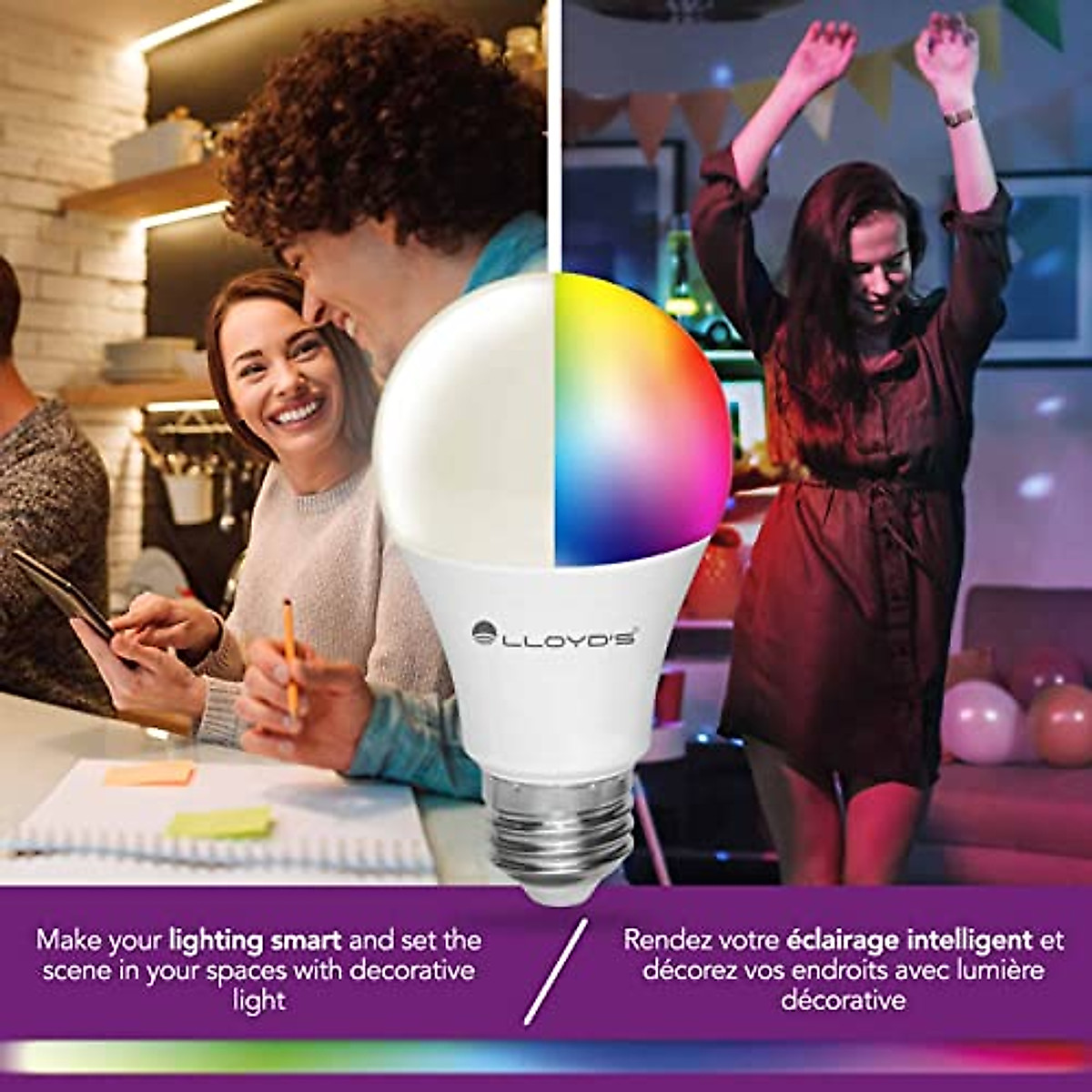 Lloyd's WiFi Smart A19 Bulb, Multicolor + White Light Range (Warm White to Cool White, 2700K-6500K), Works with Alexa and Google Home, 9W, No Hub Required, Dimmable from App, for 2.4 GHz Networks