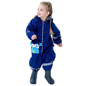 Fewlby Kids Toddler Rain Suit for boys girls One Piece Hoodie Zipper Cute Cartoon Monkey Waterproof Rain Jacket 2-5 years M Size