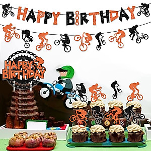 Bike Birthday Party Decorations Orange and Black Bicycle Motocross Party Decorations - BMX Happy Birthday Banner Bike Cake Topper Garland Balloons, Extreme Sports Party Supplies for Boys