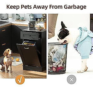 Visionwards Tilt Out Trash Cabinet Bin, Wooden, Dog Proof Garbage Can Holder, Kitchen Island with Laundry Hamper, Black