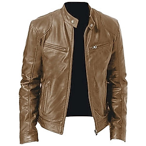 Maiyifu-GJ Men's Faux Leather Biker Jacket Vintage Motorcycle Jacket Outerwear Retro Stand Collar PU Leather Slim Fit Coat (Khaki,Small)