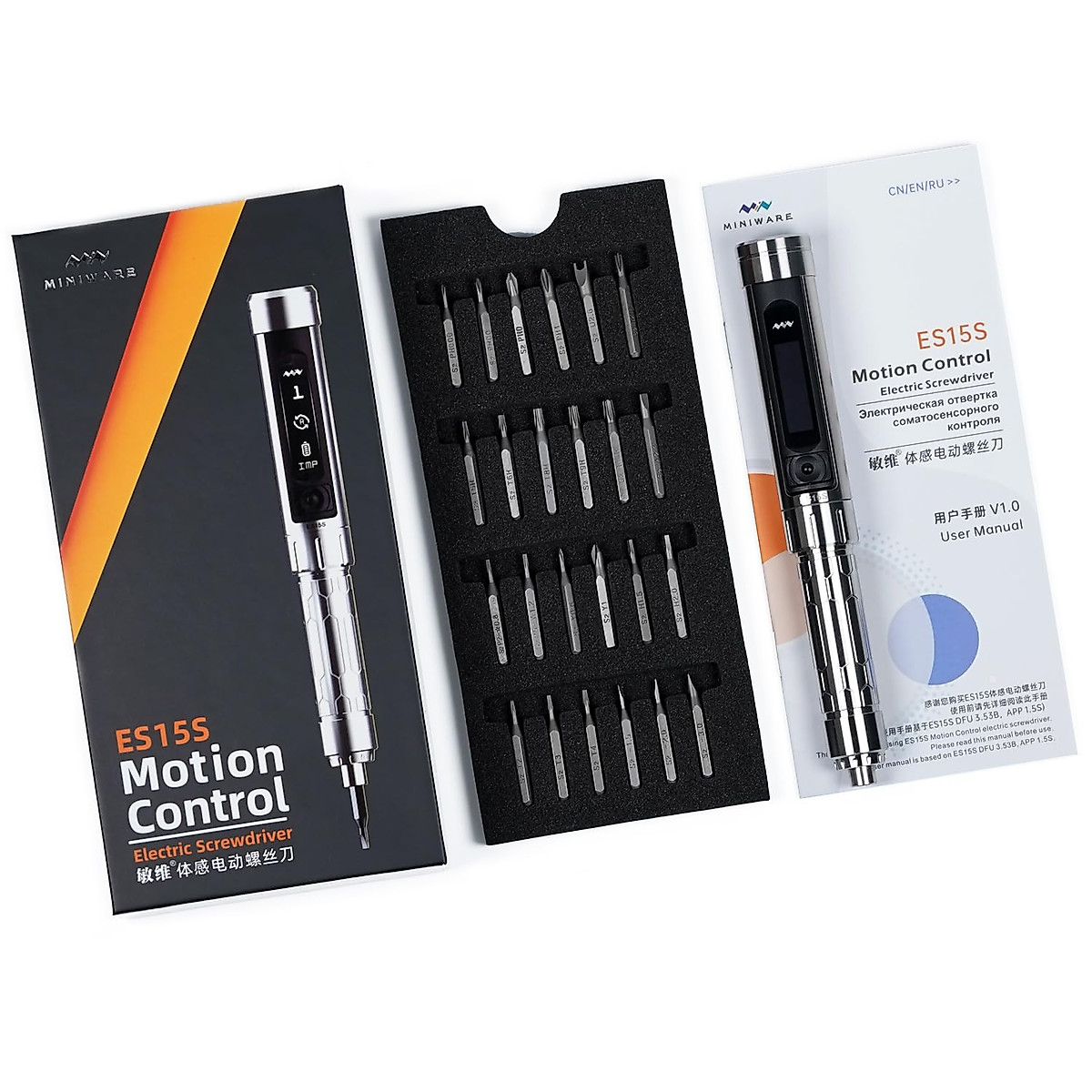 YKEY Original MINIWARE ES15S Mini Electric Power Screwdriver Rechargeable Portable Small Cordless Smart Motion Control with 24 Magnetic Bits OLED Screen Repair Tool for Phone Camera Laptop