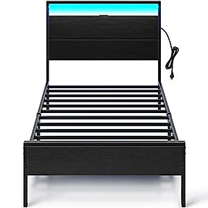 Rolanstar Bed Frame with Charging Station, Twin Bed with LED Lights Headboard, Metal Platform Bed Frame, Strong Metal Slats, 10.2” Under Bed Storage Clearance, No Box Spring Needed, Noise Free