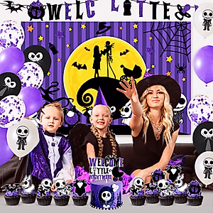 Nightmare Christmas Baby Shower Decorations, Welcome Little Night Before Halloween Birthday Party Decorations Includes Banner, Backdrop, Balloons,Cake Topper and Cupcake Toppers