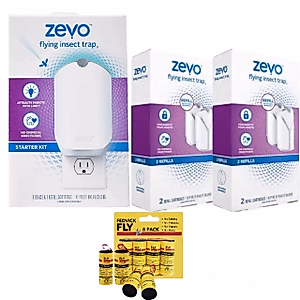 Zevo Flying Insect Trap Starter Kit with Zevo Flying Insect Trap Refill Cartidges (1 Plug-in Base + 5 Refill Cartridge) + Fedvick Fly Ribbons 8 pcs