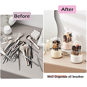 DEEIF Makeup Brush Holder Organizer with Lid 360 Rotating Dustproof Makeup Brushes Organizer for Vanity (Pearl White)