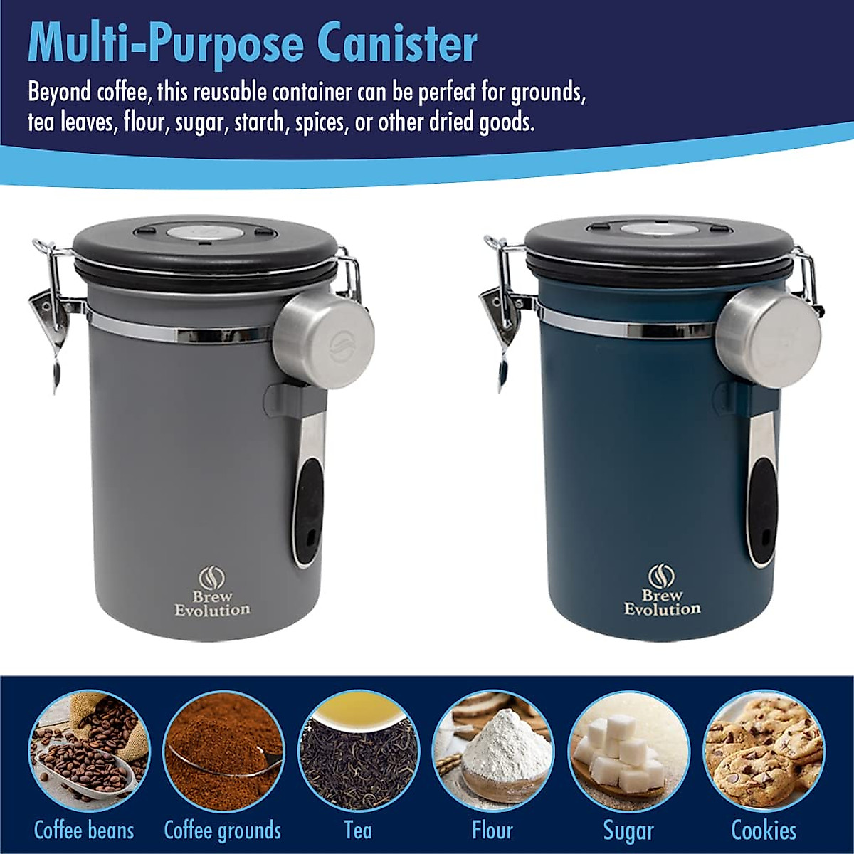 Brew Evolution Stainless Steel Coffee Canister with Scoop For Tea, Coffee, Sugar, Flour - Airtight Container Jar for Storage, 22 oz, French Blue