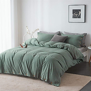 TanNicoor 100% Washed Cotton Duvet Cover Queen Size (90x90 Inch), 3 Pieces (1 Sage Green Duvet Cover + 2 Pillowcases) Soft, Cooling, Breathable Comforter Cover Set with Buttons Closure, Corner Ties
