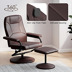 Giantex Recliner Chair with Ottoman, 360° Swivel Faux Leather Reclining Chair w/Adjustable Backrest, Footrest, Sturdy Metal Base, Upholstered Armchair for Living Room Bedroom Study, Office, Brown