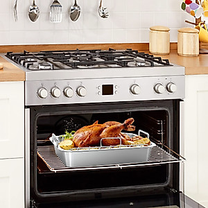 onlyfire Roasting Pan with U-Rack - Stainless Steel Barbecue Bakeware Roaster, 16 Inch Rectangular Turkey Roaster Lasagna Pan for Roasting Turkey, Chicken, Meat & Vegetables, Oven Safe