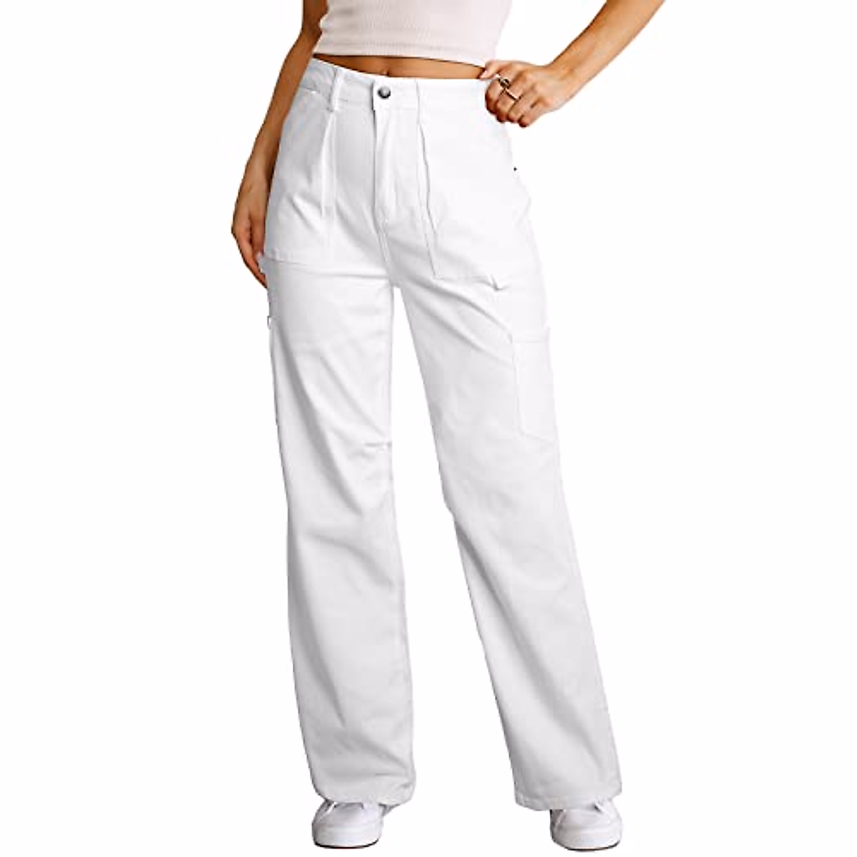Dokotoo Womens Pants Lounge High Waisted Baggy Wide Leg Work Pants for Women Casual Combat Military Trouser Parachute Pants White