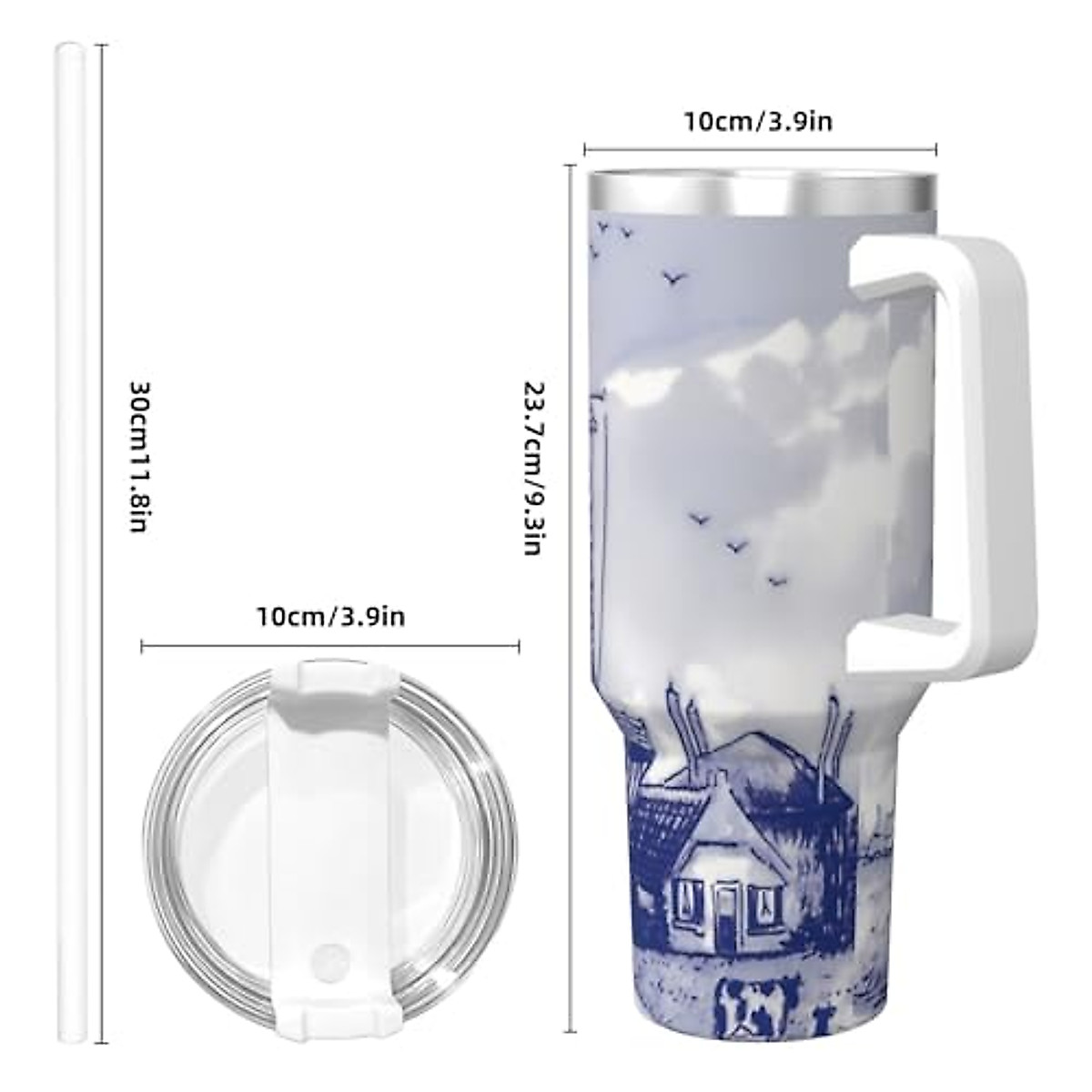 Xiexide 40oz Stainless Steel Gifts Vintage Blue Nederland Dutch Windmill Country Double Walled Vacuum Insulatedith Handle And Straw,Hot & Cold Drinks
