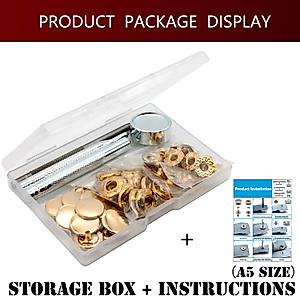 12 Sets Heavy Duty Leather Snap Fasteners Kit, 15mm Metal Snap Buttons Kit Press Studs with 4 Install Tools, Leather Rivets and Snaps for Clothing, Leather, Jeans, Jackets, Bracelets, Bags (Gold)