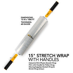 Modern Innovations 15 Inch Clear Stretch Wrap Roll with Handles (1 Roll-1000 Feet) Heavy Duty Shrink Wrap for Moving, Packing Supplies for Wrapping Furniture, Industrial Plastic Pallet Cling