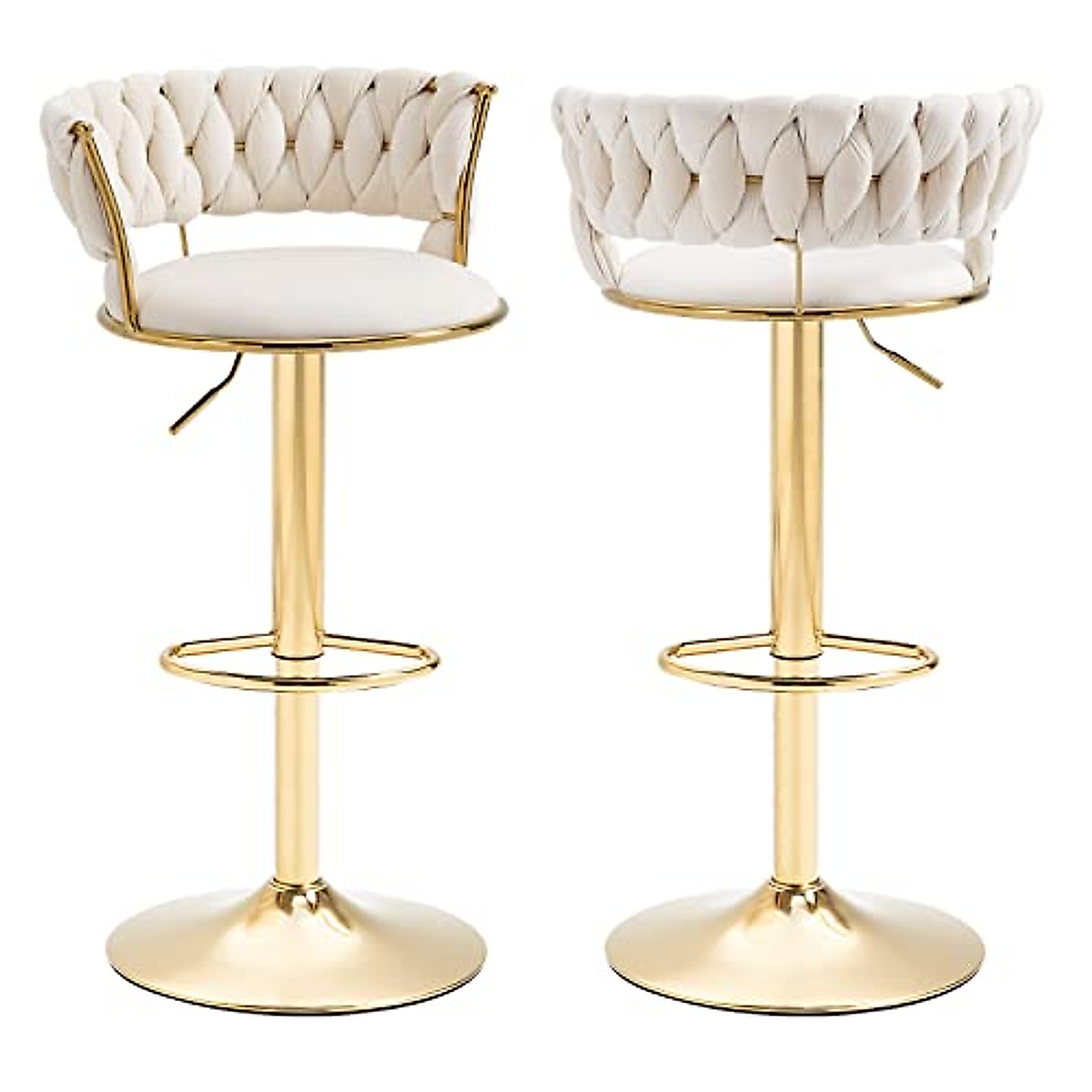 KINFFICT Velvet Swivel Bar Stools Set of 2, Adjustable Counter Height Bar Stool with Woven Back, Upholstered Kitchen Dining Chairs, Modern Barstools for Kitchen Island, Cafe, Pub, Bar Counter(Ivory)