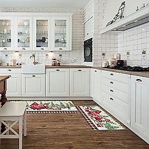 Kitchen Mat Rug Set of 2 Christmas Farmhouse Elk Gnome Truck Red Green Plaid Runner Rug Anti-Fatigue Comfort Memory Foam Standing Mat Non-Slip Floor Door Mat for Bathroom Bedroom 16x24n+16x47in