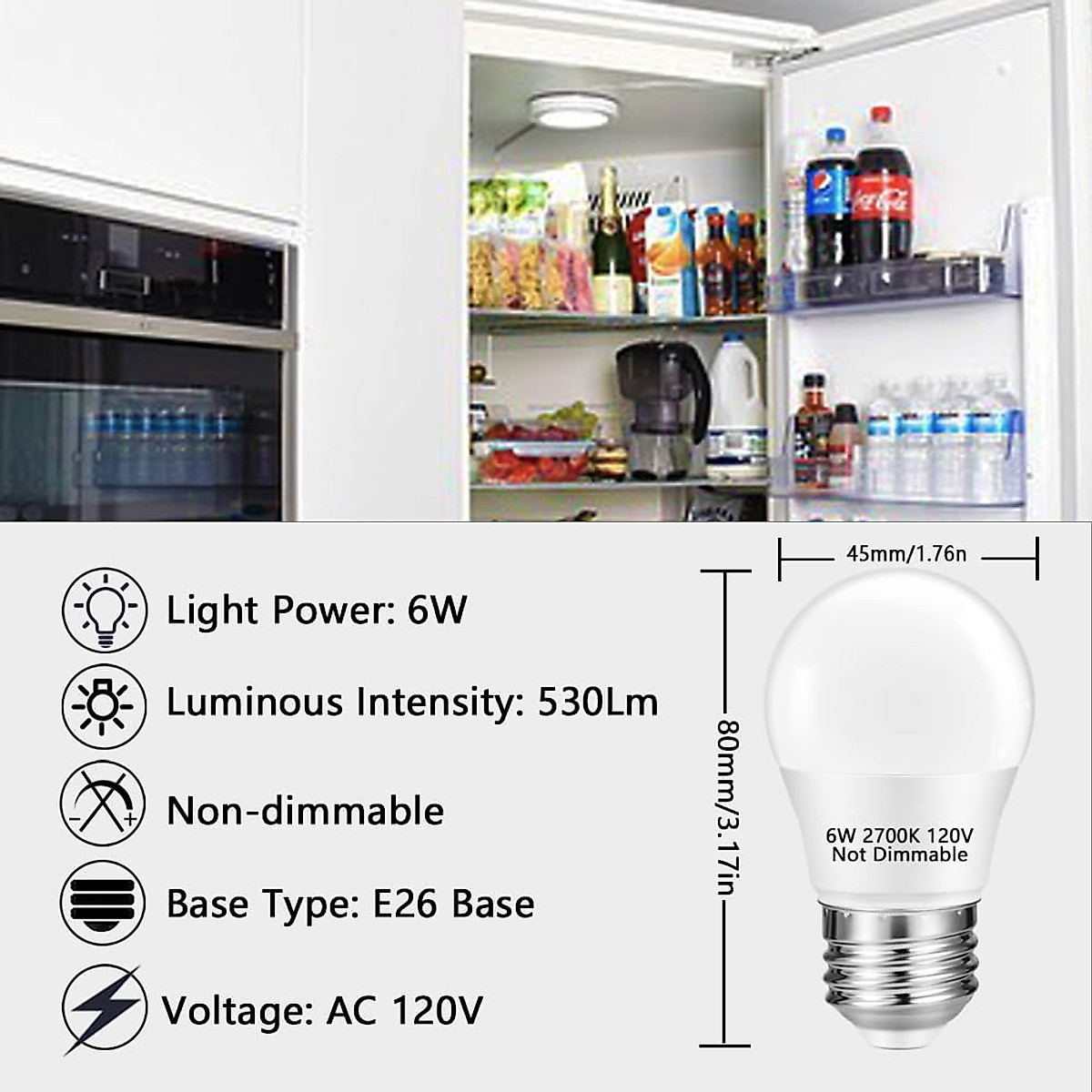 NETEHA 2 Pack A15 6W 120V E26 Base Small LED Refrigerator Light Bulb, Non-Dimmable 60W Equivalent 2700K Warm White A15/G45 Shape LED Appliance Bulb for Ceiling Fan and Lighting Fixtures