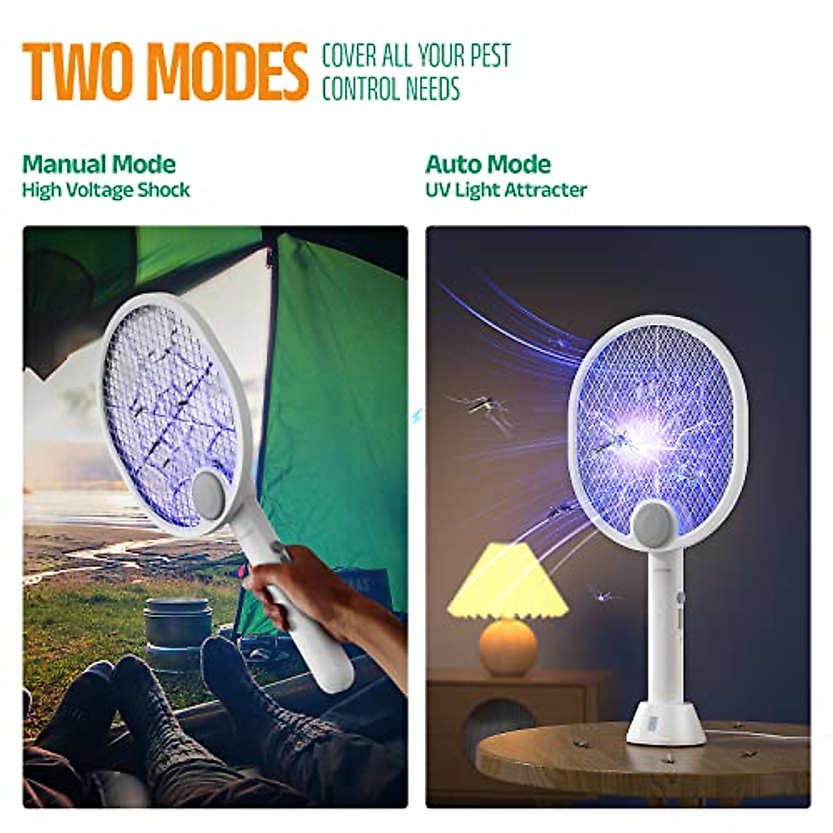 Buzbug Electric Fly Swatter, Type-C Rechargeable Bug Zapper Racket with Charging Base, Foldable Bug Zapper for Indoor and Outdoor, Mosquito Swatter with Blue-Purple Working Light