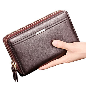 SUMGOGO Large Clutch Handbag Leather Zipper Around Wallets Wristlet Card Business Phone Wallet Case for Women Men (A-Brown)