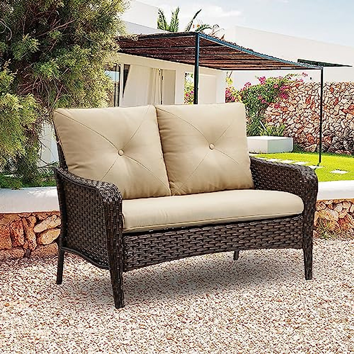 HUMMUH Outdoor Loveseat Sofa,2-Seater PE Wicker Outdoor Couch Porch High Back and Deep Seat Sofa Furniture for Backyard, Deck, Poolside （Brown/Beige）