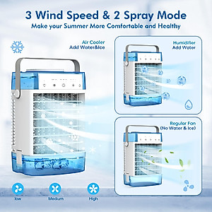 RCCVEI Portable Air Conditioners,3-Speed Small AC Unit, Evaporative Air Cooler with Timer function,7-Color Nightlight,Double Tank, 2 Mist modes,Personal Air Conditioner for Bedroom,Office,Room-Blue